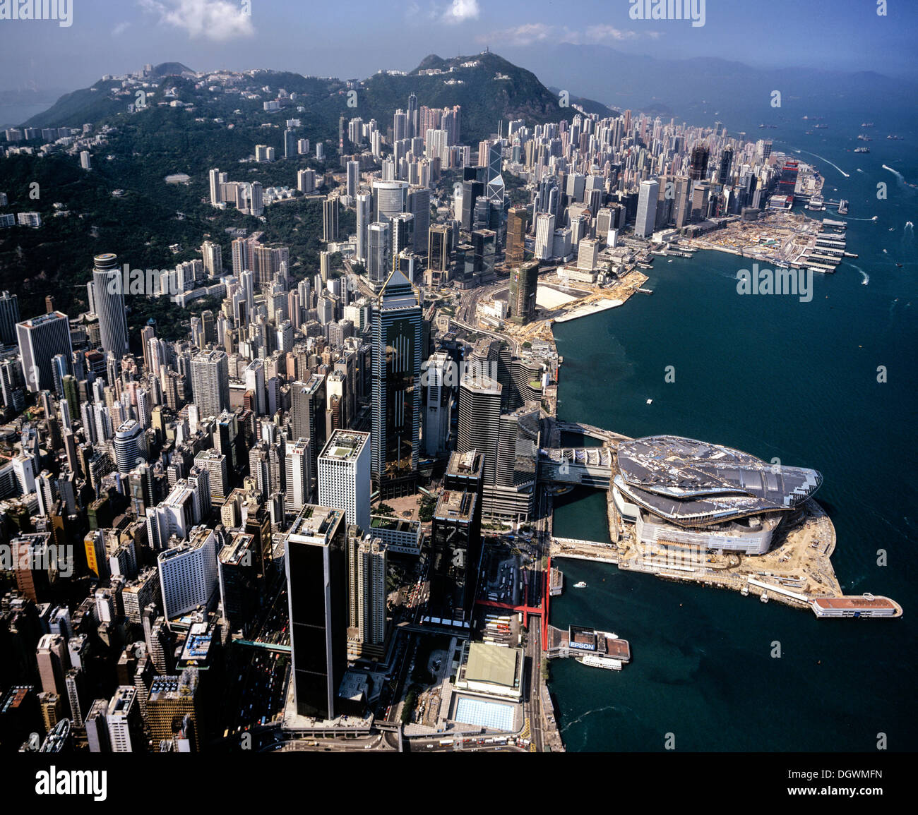 Aerial view over Victoria Island, skyline with Victoria Peak ...