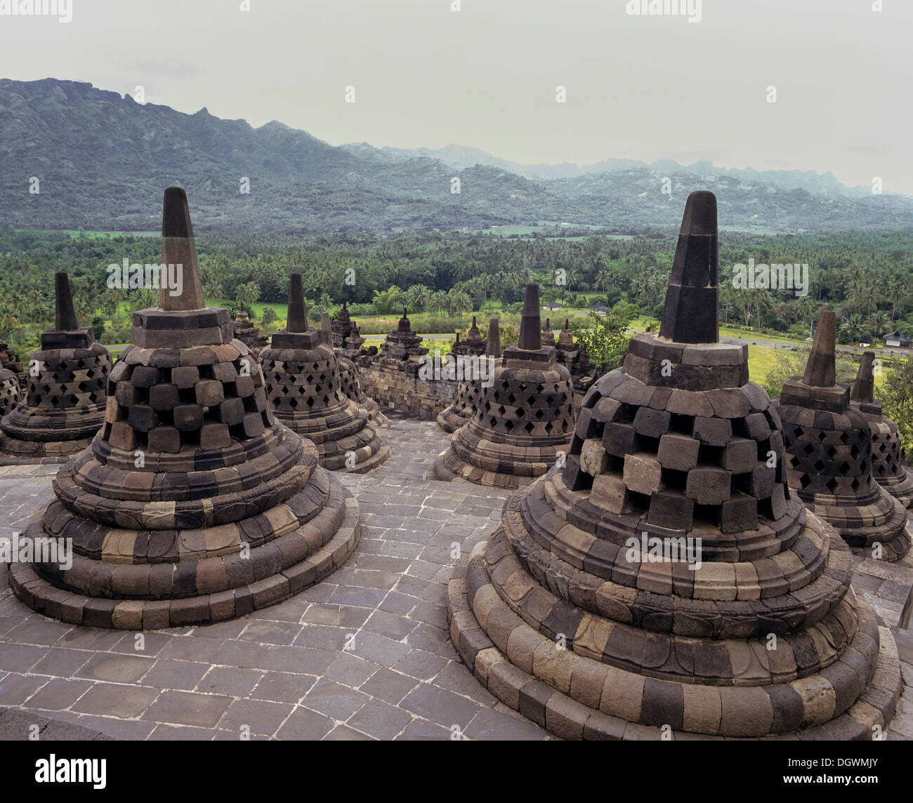Stupas on the terrace of the temple complex of Borobudur, view over the ...