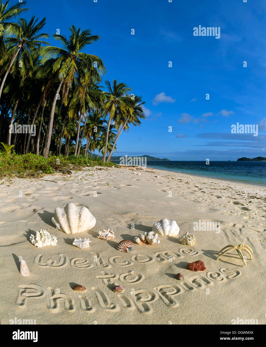 "Welcome To Philippines", welcome message written in the sand, beach ...