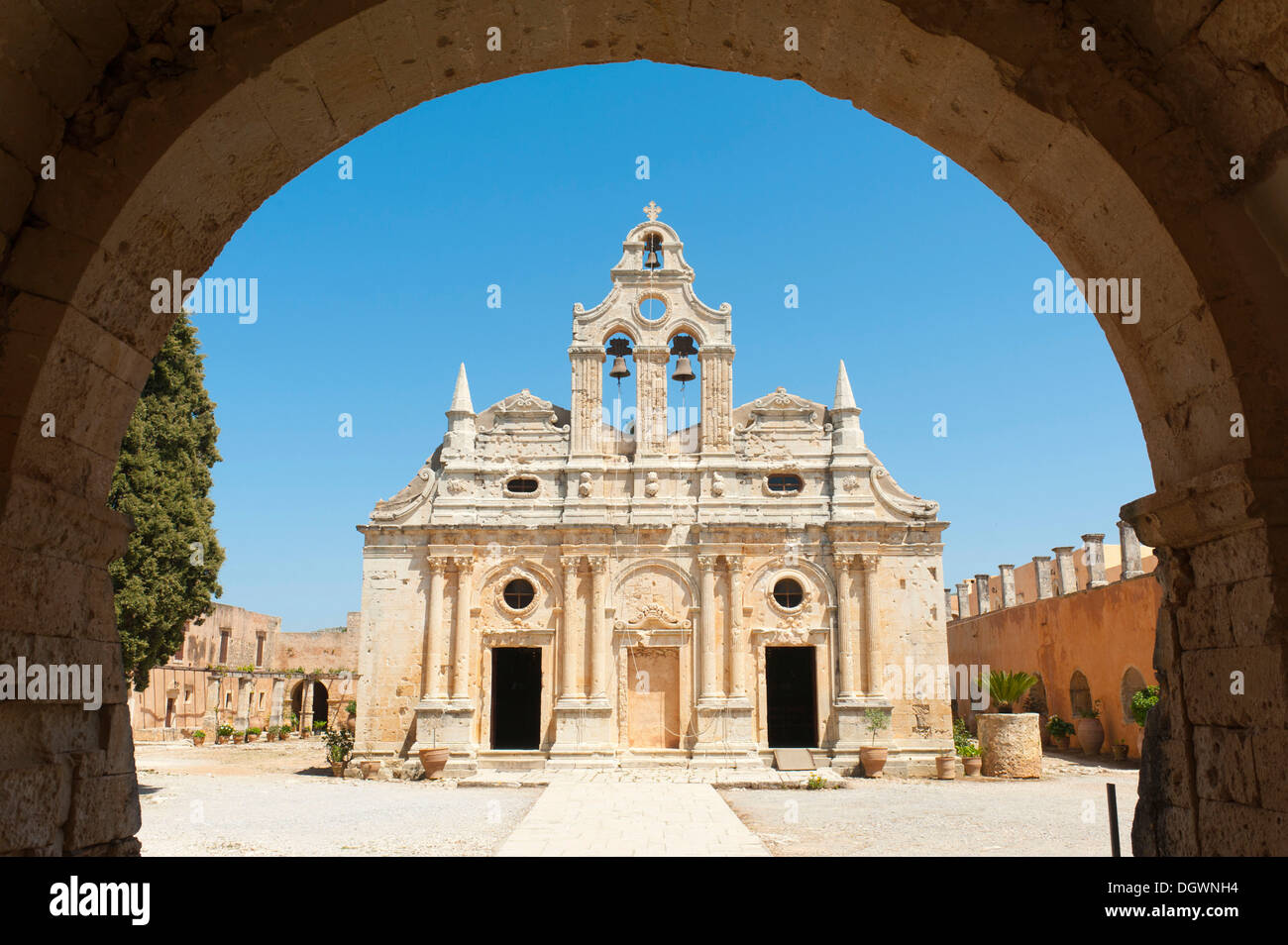 Greek Orthodox Monastery of Arkadi, detailed facade, seen through an ...
