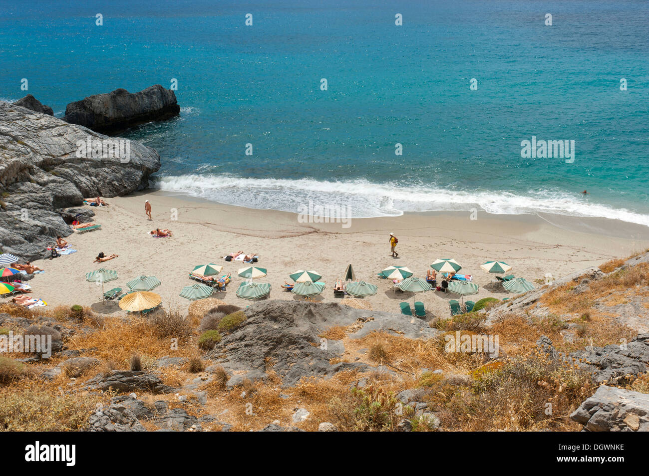 Bathing bay, sandy beach, parasols, Damnoni Beach, near Plakias, Crete ...