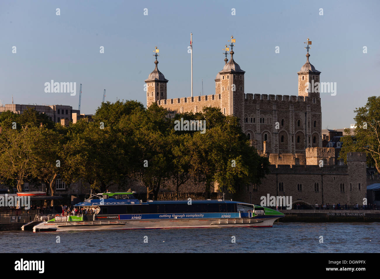 Tower of London, tour boat on the River Thames, England, United Kingdom ...