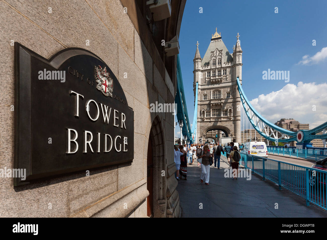 Tower Bridge, sign on one of the towers, London, England, United ...
