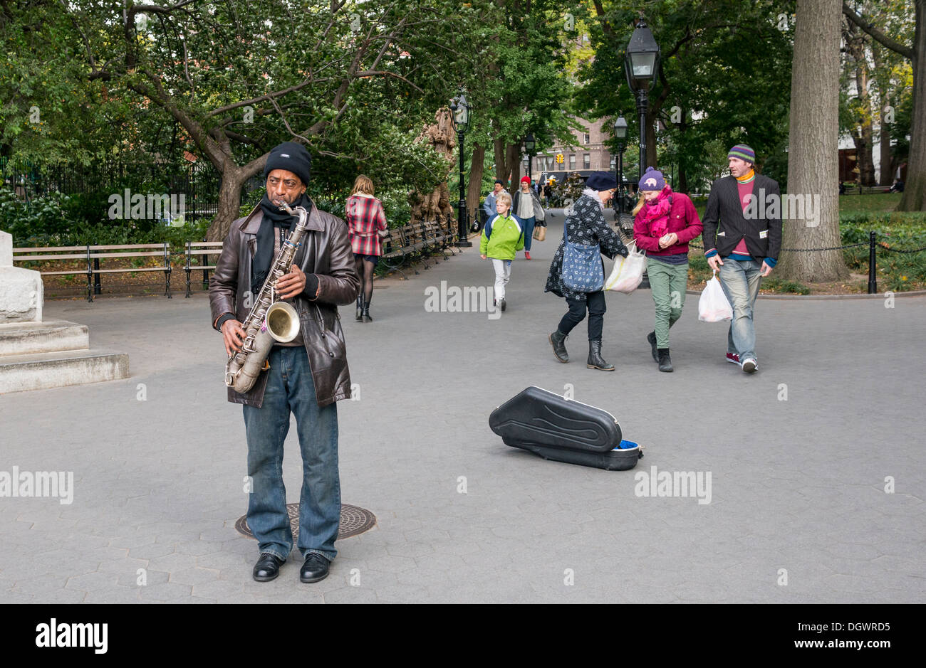 Tenor sax player busking in Washington Square Park in New York City ...