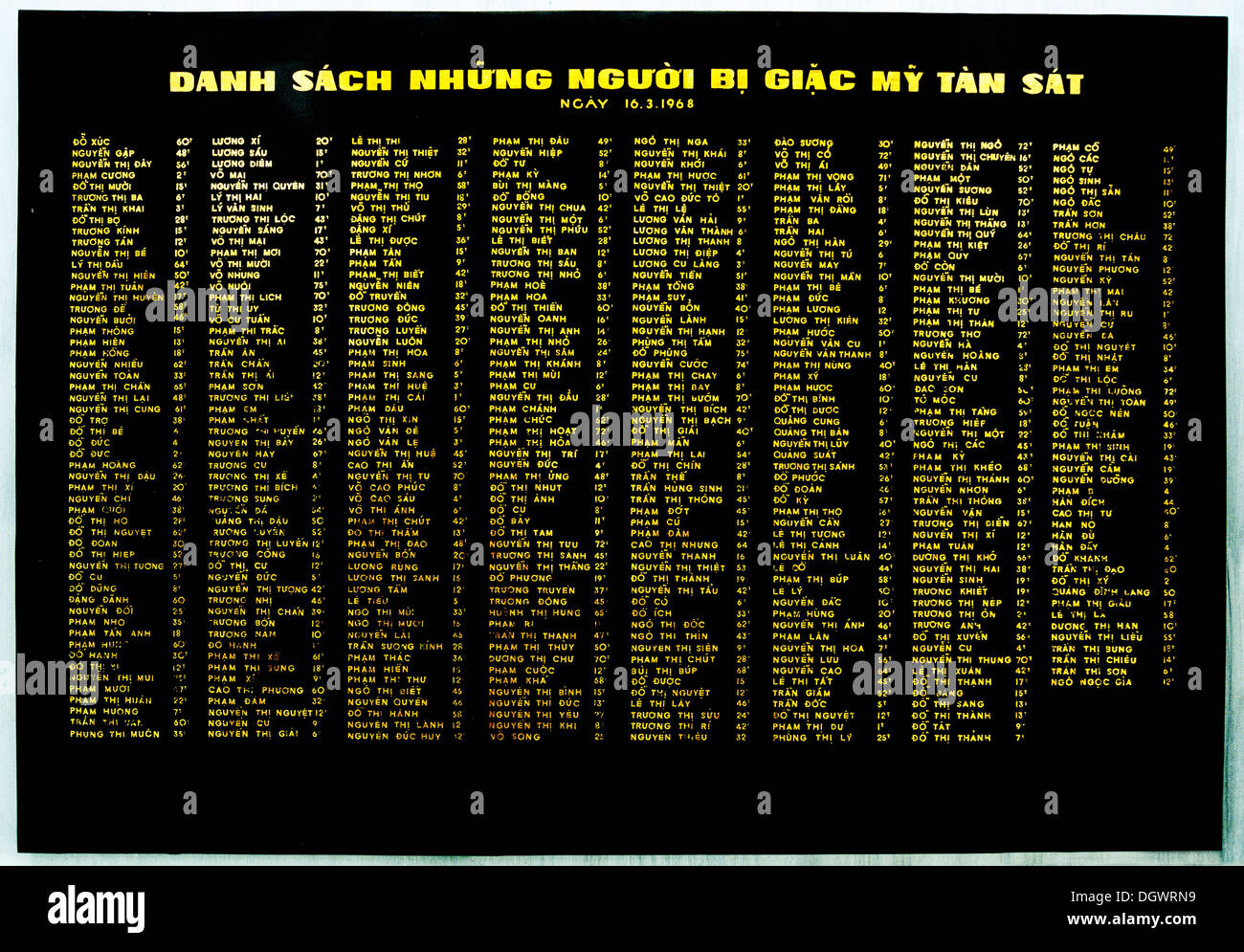 Memorial plaque with the names of the 503 victims of the My Lai ...