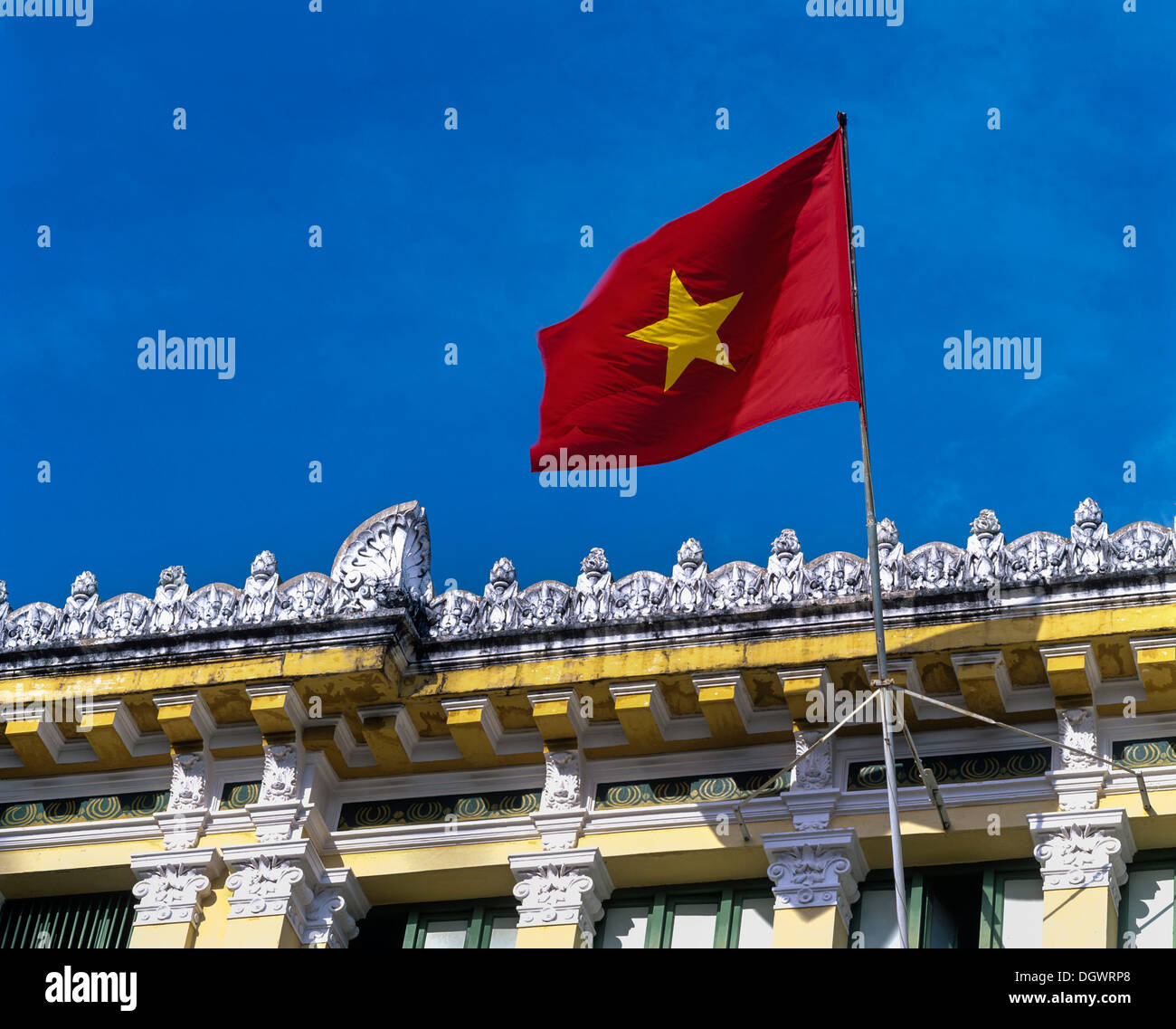 National flag flying at the main post office in Saigon or Ho Chi Minh ...
