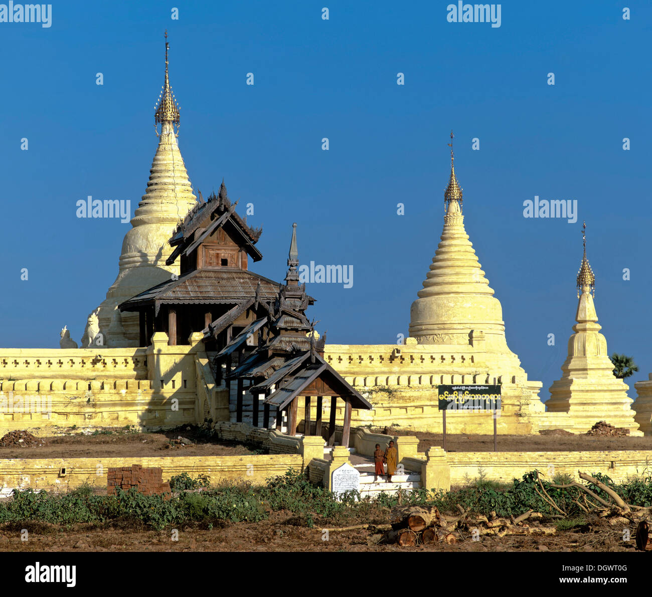 Monastery of the Ananda Temple, gilded tower construction, wooden porch ...
