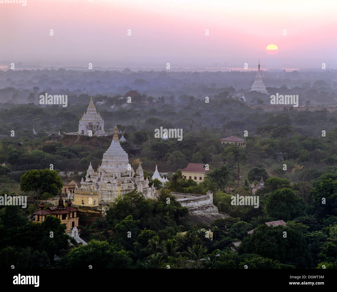 View from Sagaing Hill over pagodas at sunset, Sagaing, Sagaing ...