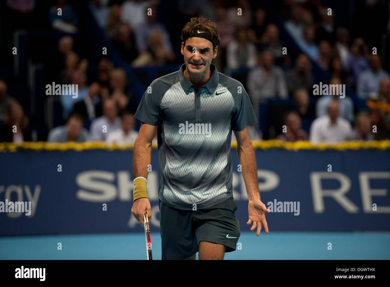 Basel, Switzerland. 26th Oct, 2013. Roger Federer (SUI) angry during a ...