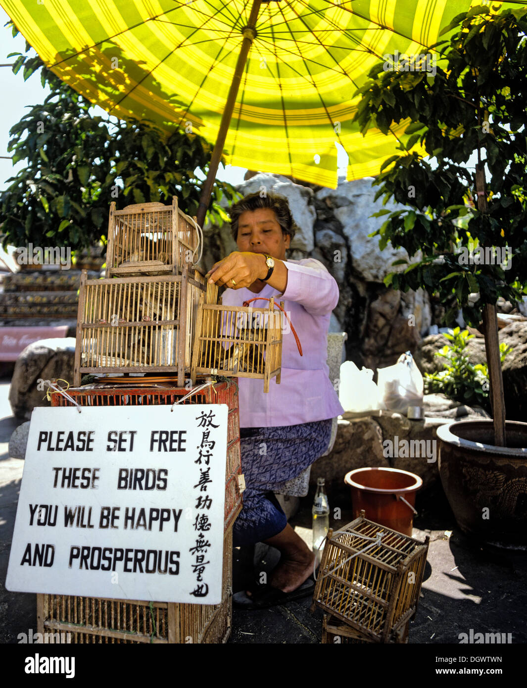 Bird saleswoman with bird cages, releasing caged birds for good luck ...
