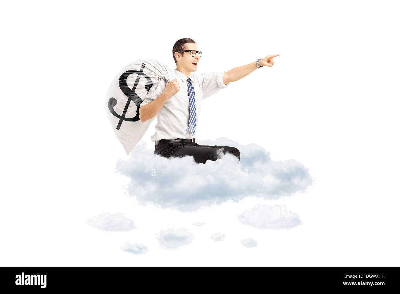Young businessman with a money bag with dollar sign flying on clouds ...