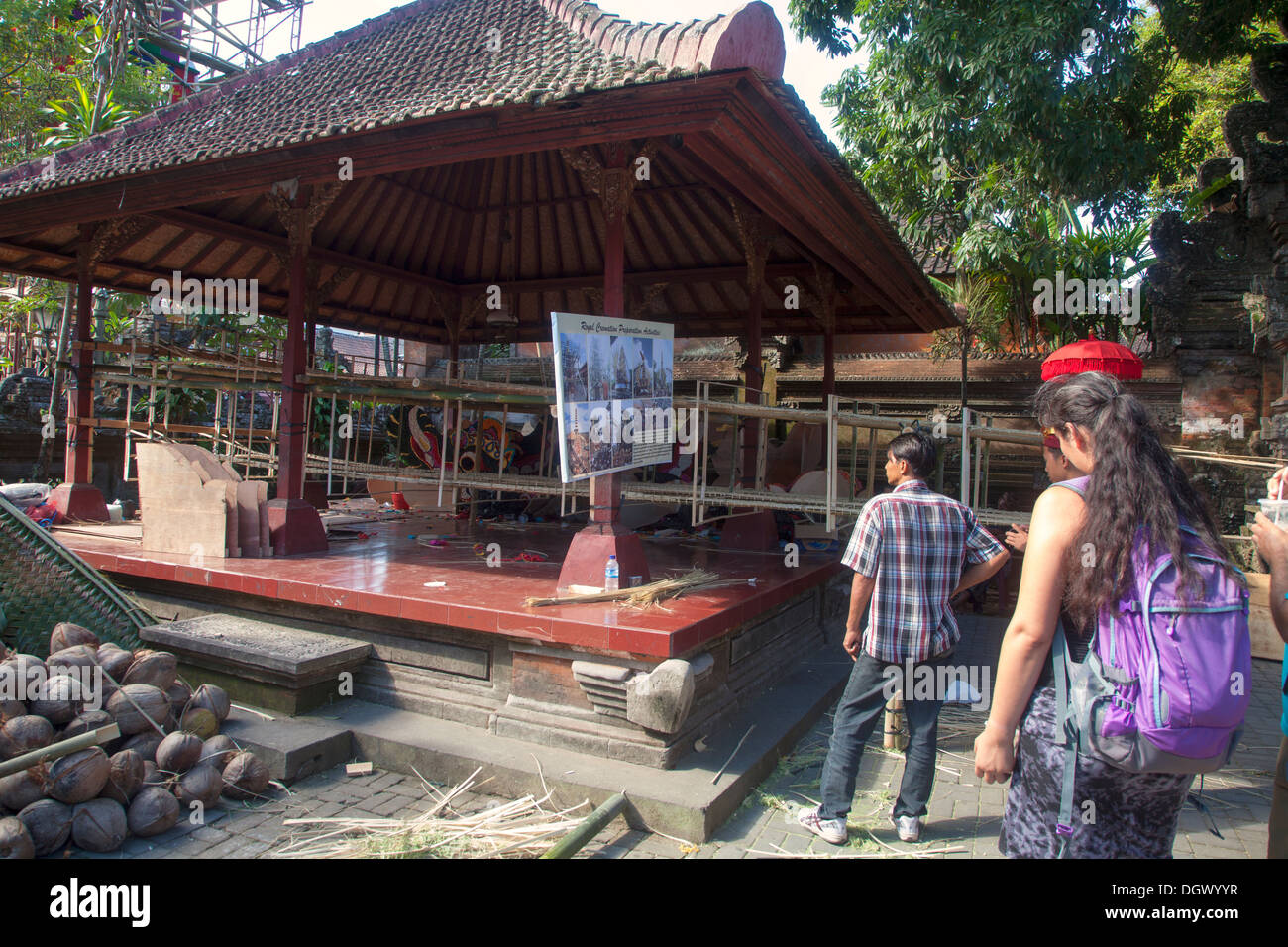 Tourist observe pavilion religious sign Ubud Bali Indonesia Asia ...