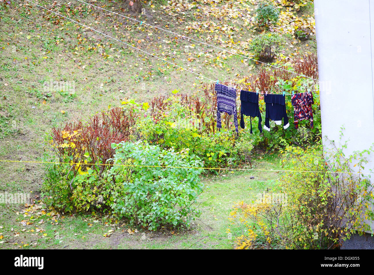clothes hanging to dry on a laundry line outdoor autumn scenery Stock ...
