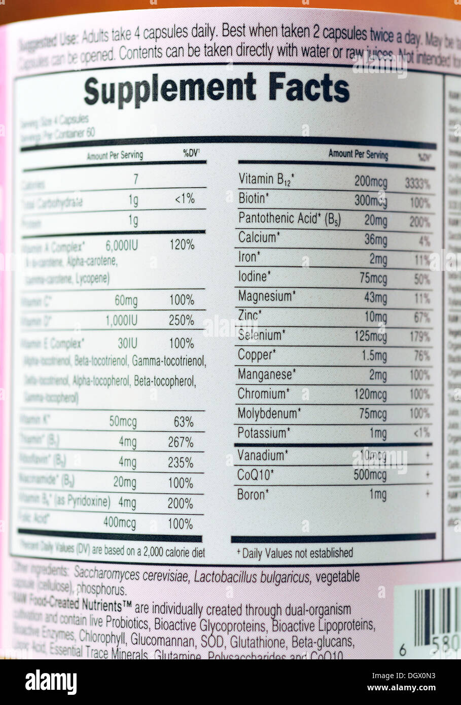 Supplement facts on vitamins container Stock Photo - Alamy