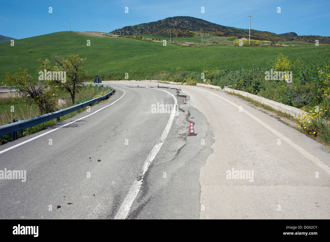 Road damaged by volcanic activity, Cerda, Sicily, Italy, Europe Stock ...