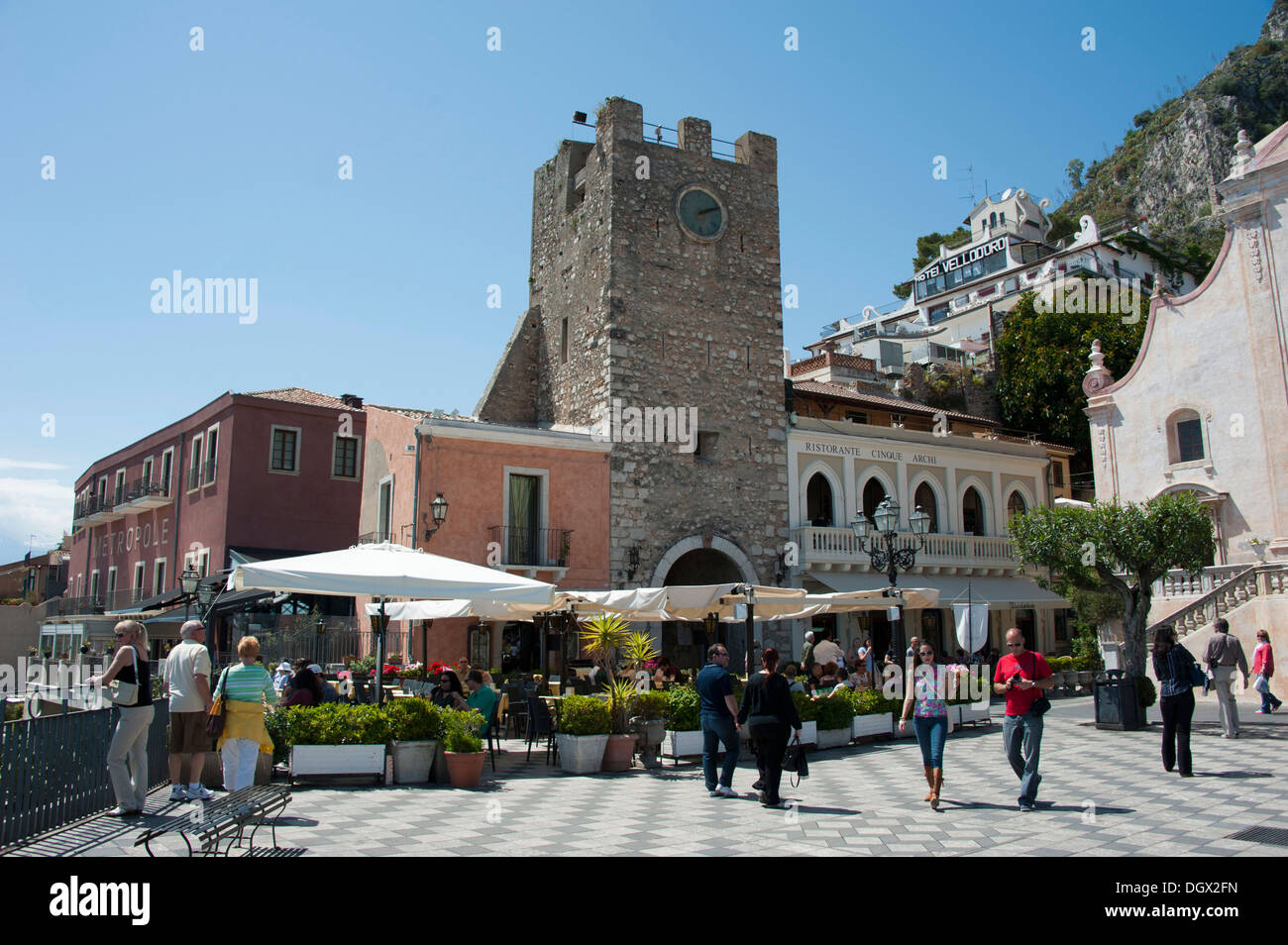 Clock tower, Piazza IX Aprile square, Taormina, Sicily, Italy, Europe ...