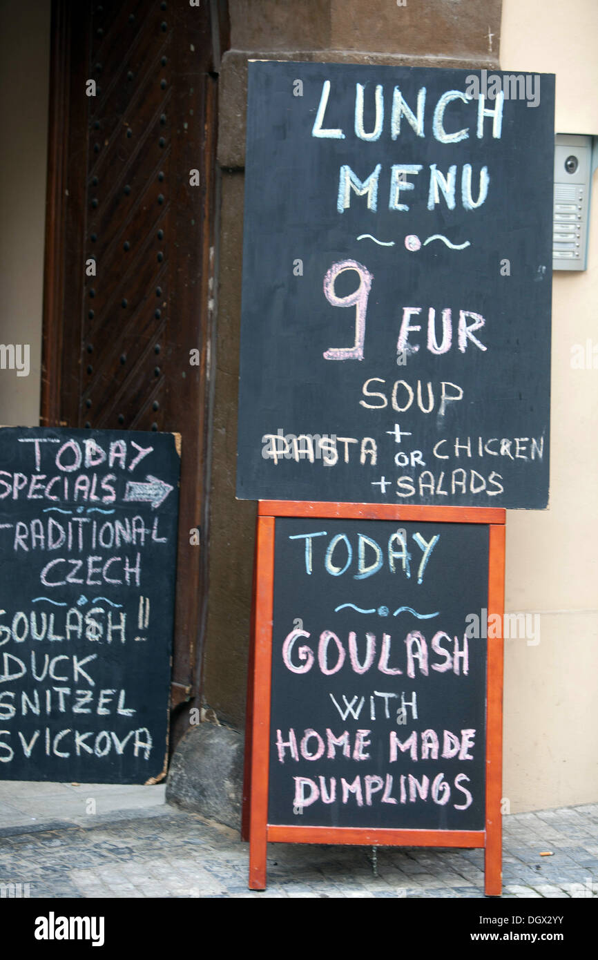 Restaurant street menu board, lunch menu Prague Czech Republic Stock ...