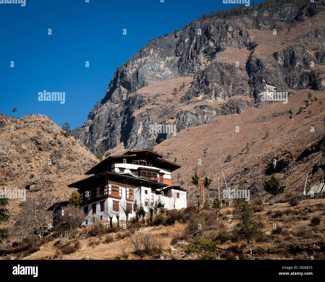 A traditional Bhutanese temple on the journey from Paro to Thimphu ...