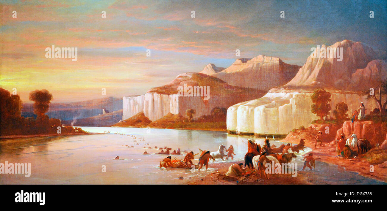 Indians Crossing the Upper Missouri - by Carl Wimar, 1890 Stock Photo ...