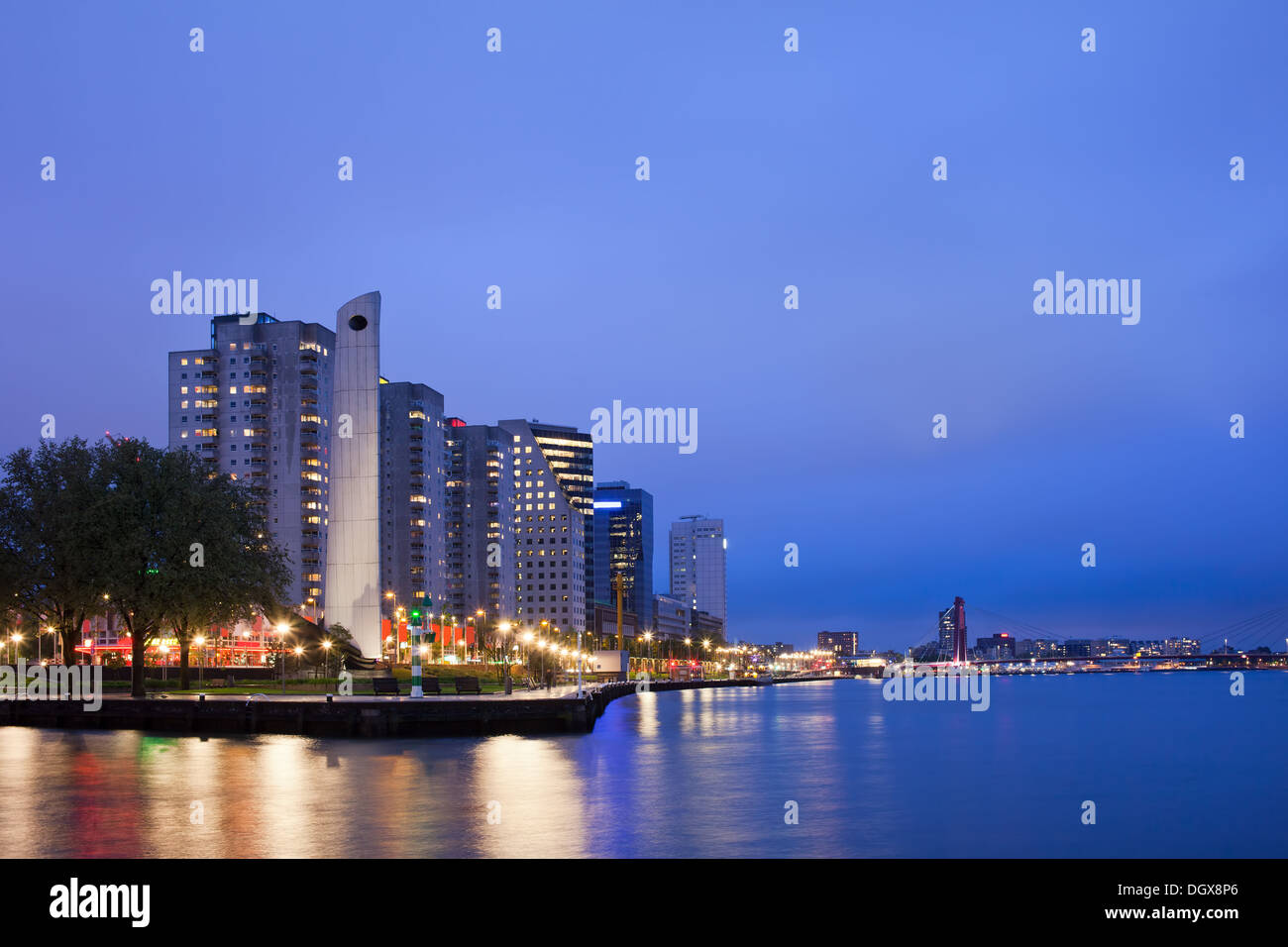 River view of Rotterdam city center at night in Netherlands, South ...