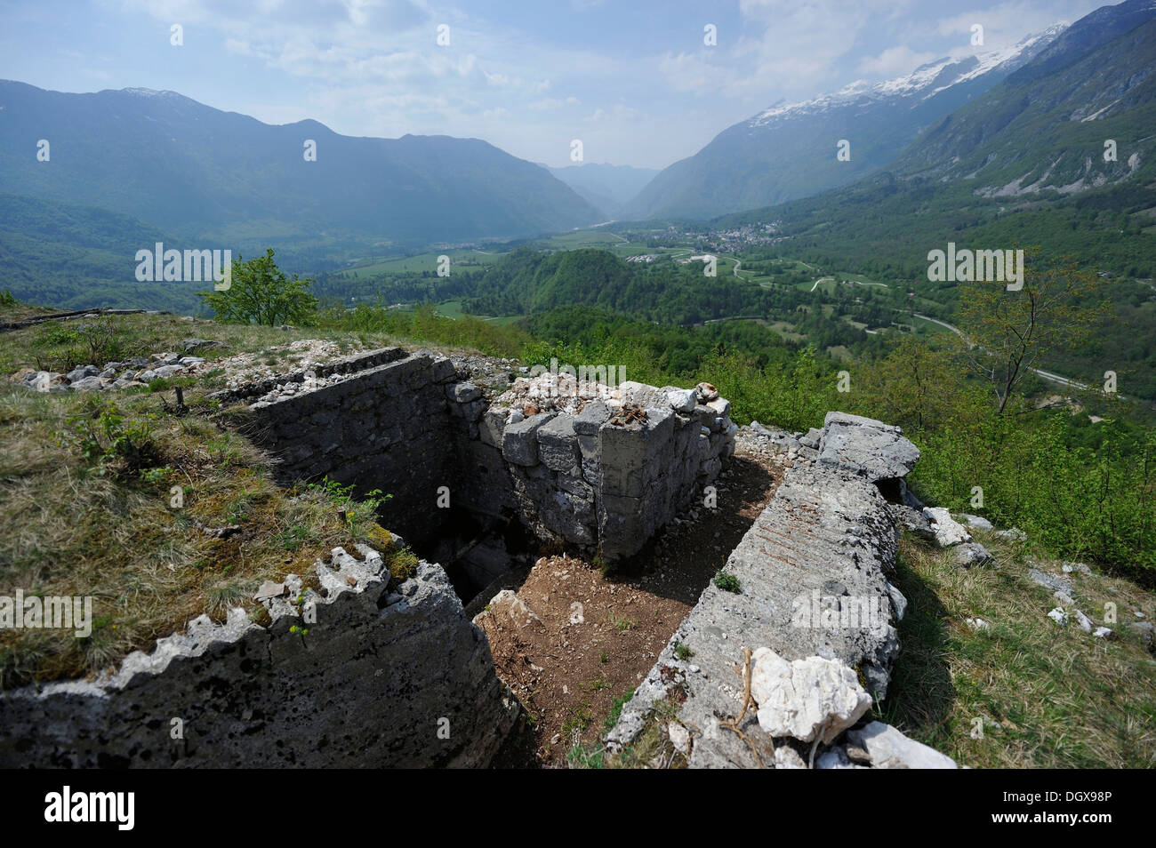 Austrian fort of World War I, view of the Soca valley, looking towards ...
