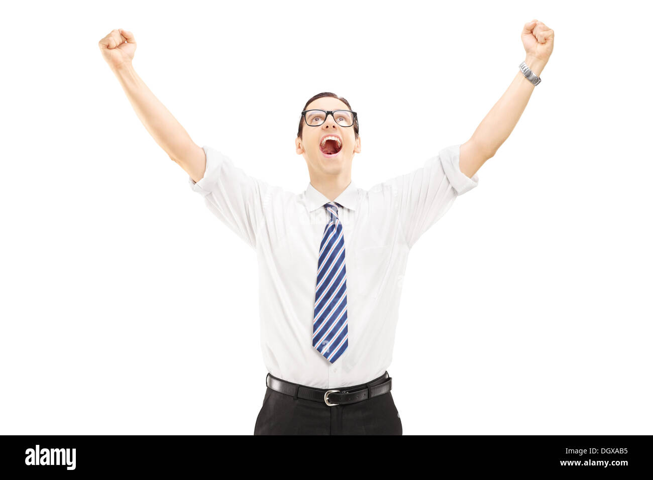 Excited male with raised hands gesturing happiness Stock Photo - Alamy