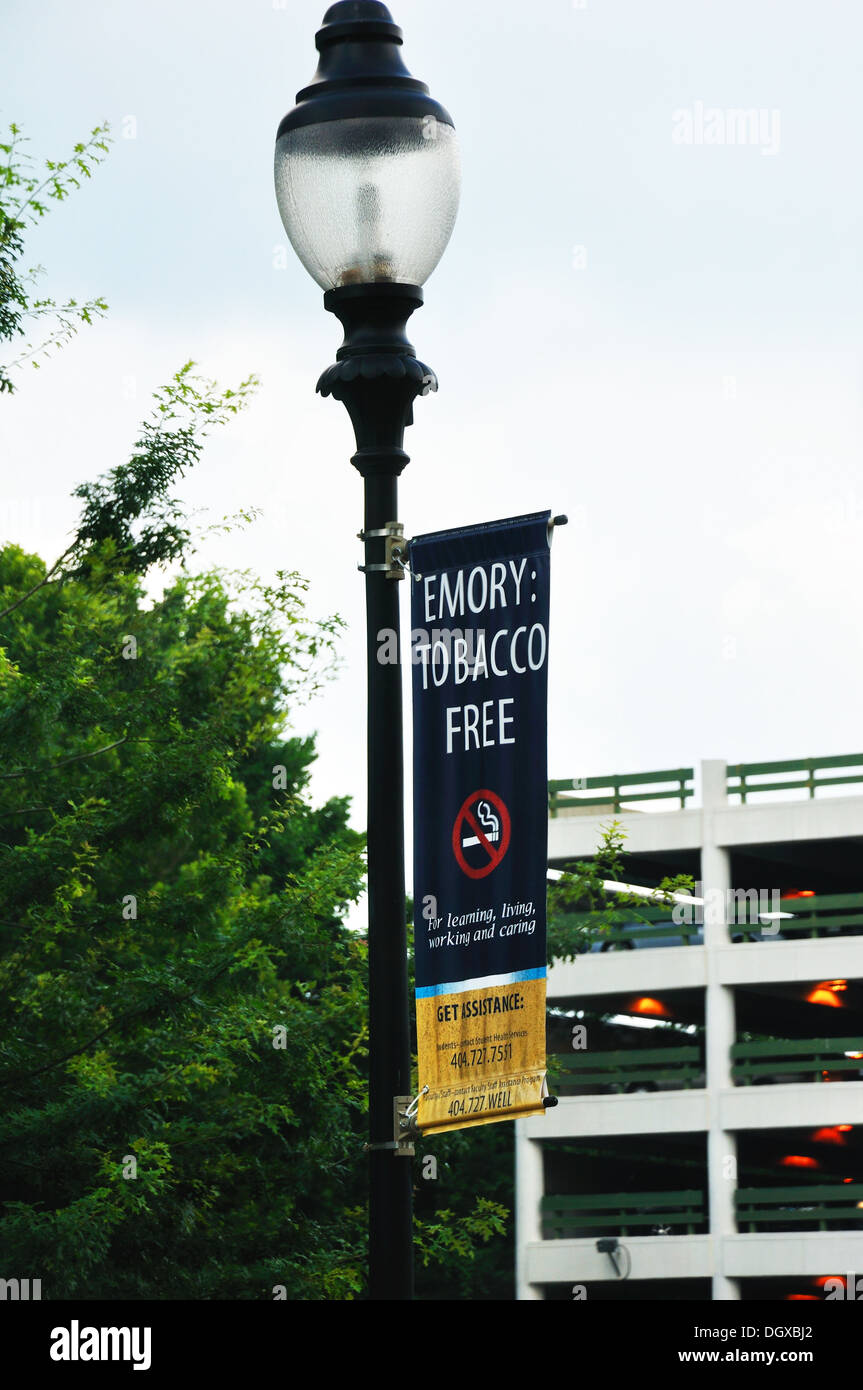 Tobacco-free campus sign, Emory University campus, Atlanta, Georgia ...