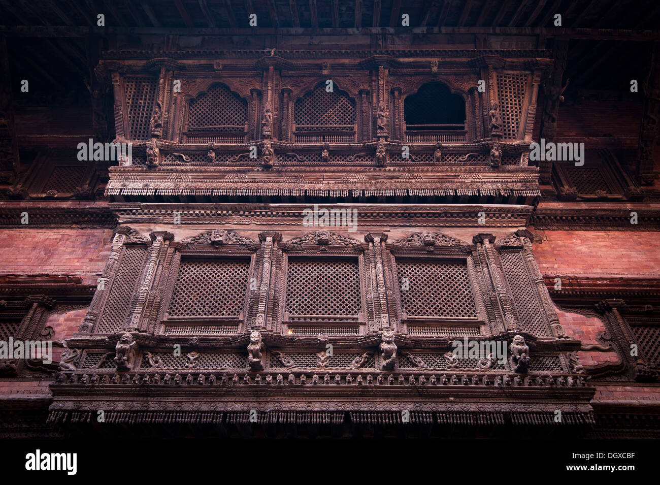 Hindu temple architecture detail. Carved wooden window on old Royal ...