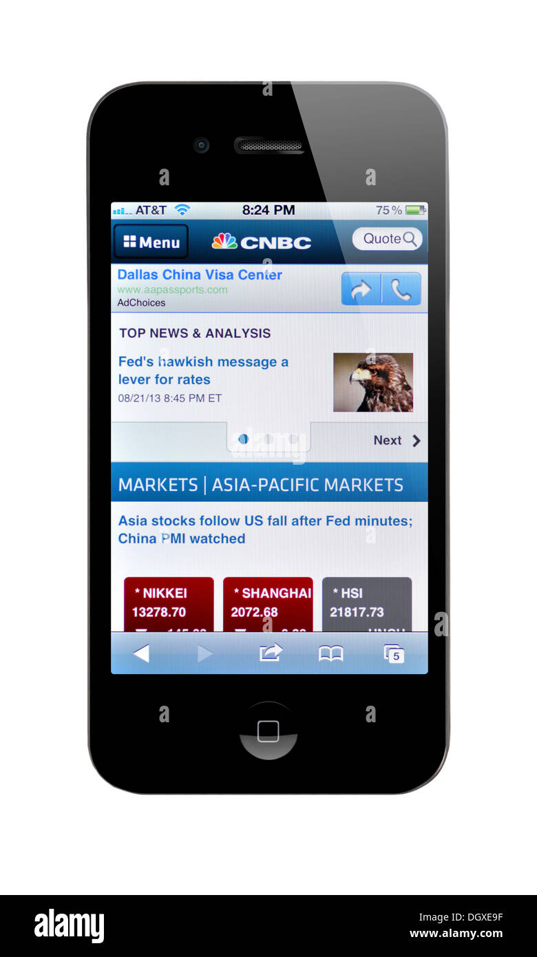iPhone screen showing CNBC news website: Stock Markets, Business News ...