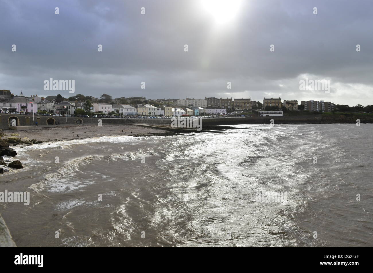 Lull before the storm. Clevedon Pier and seafront seen Lunch time on ...