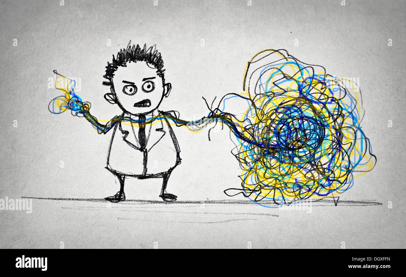 Sketch of a businessman holding a big tangle Stock Photo - Alamy