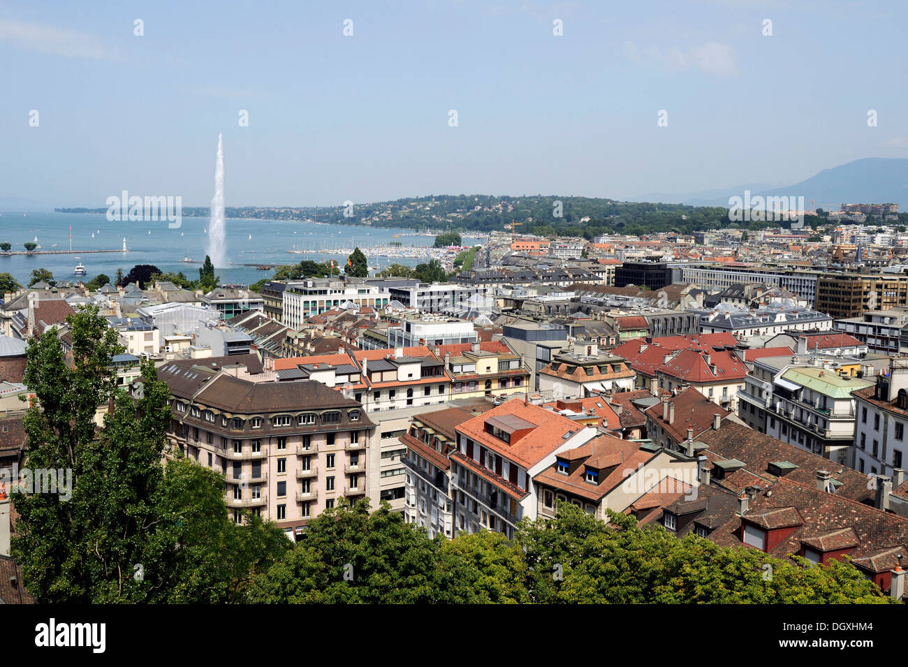 View of Lake Geneva with the Jet d'Eau, Geneva, Switzerland, Europe ...