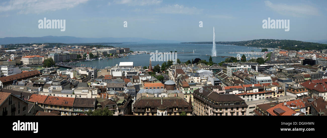 Panoramic view of Geneva with Lake Geneva and the Jet d'Eau, Geneva ...