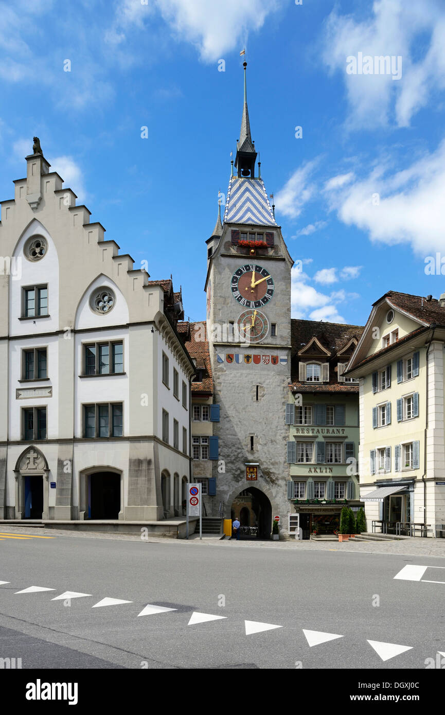 Zytturm tower and an old customs hosue, old town of Zug, Central ...