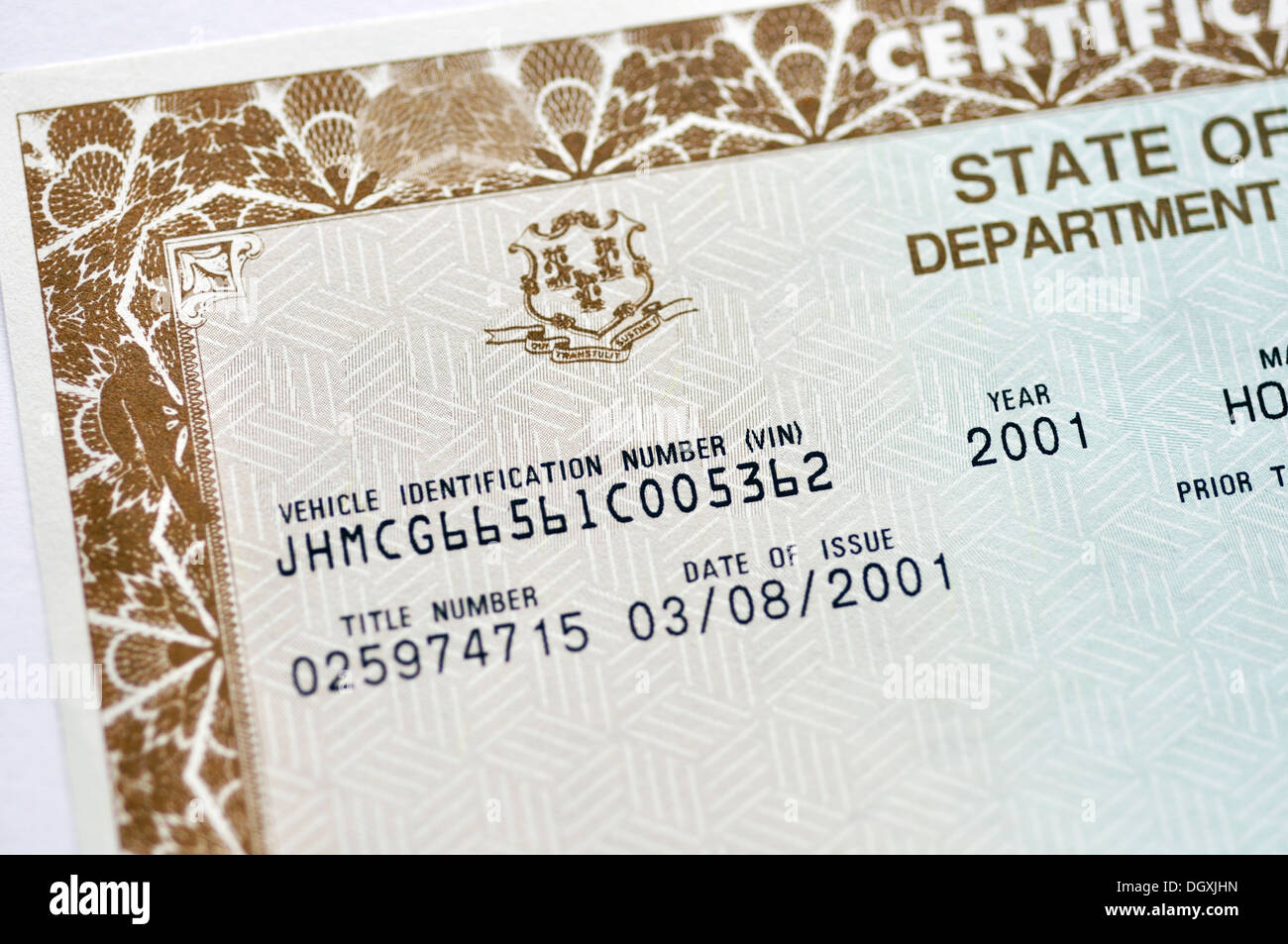 Car title certificate, USA Stock Photo - Alamy