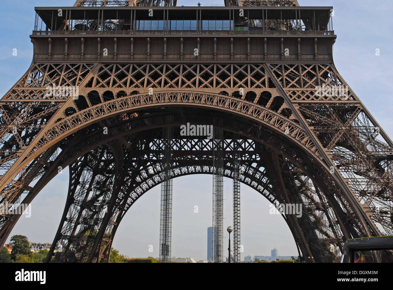 Arch of the Eiffel Tower and the terrace of the first level Stock Photo ...