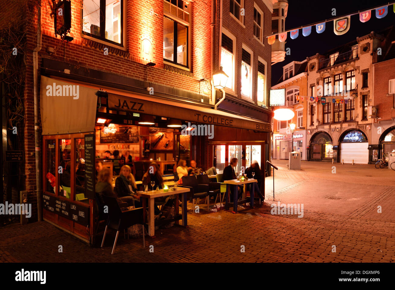 Street cafe at night, historic center, Utrecht, Province of Utrecht ...