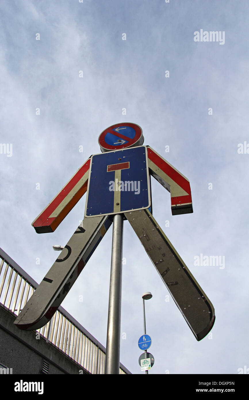 Road sign art, artwork, at the train station of Biberach, Upper Swabia ...