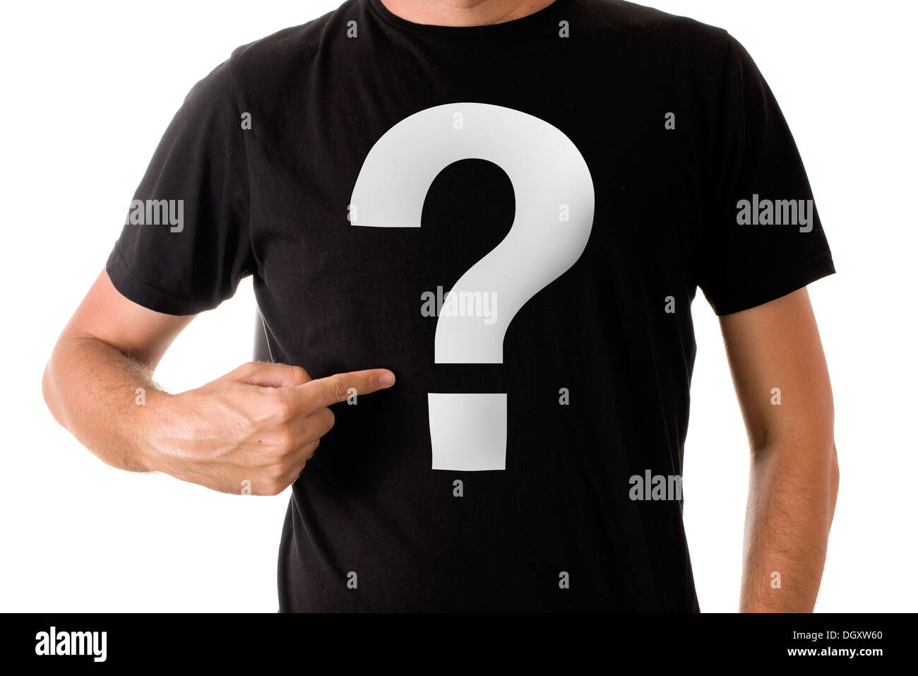 Slim tall man posing in black t-shirt with question mark Stock Photo ...