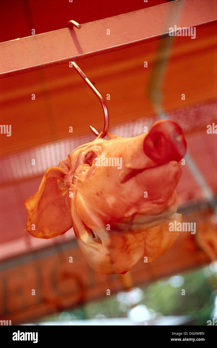 Pig's head in a display window on a hook Stock Photo - Alamy