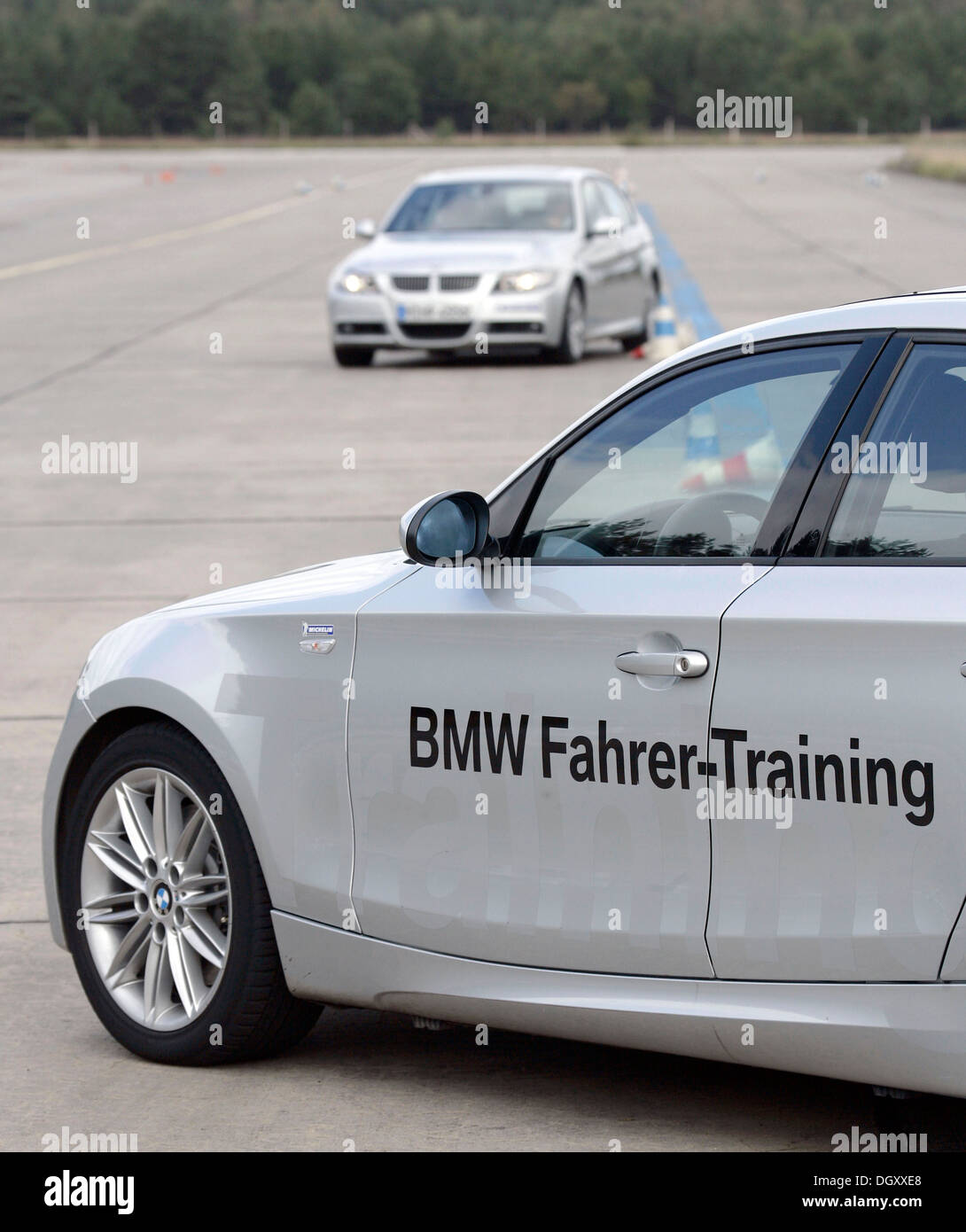 BMW driver safety training in a BMW 3, Templin, Brandenburg Stock Photo ...