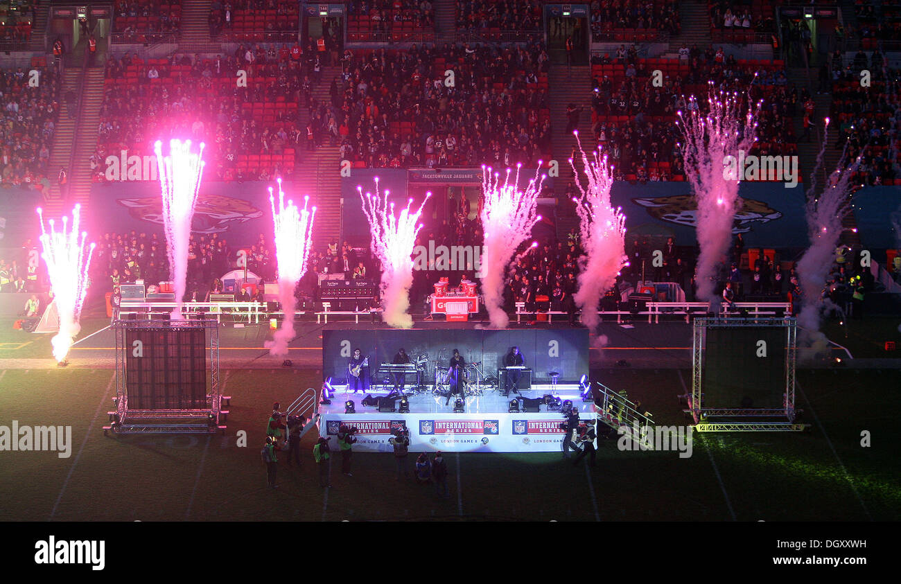London, UK. 27th Oct, 2013. Fireworks welcome on the teams during the ...