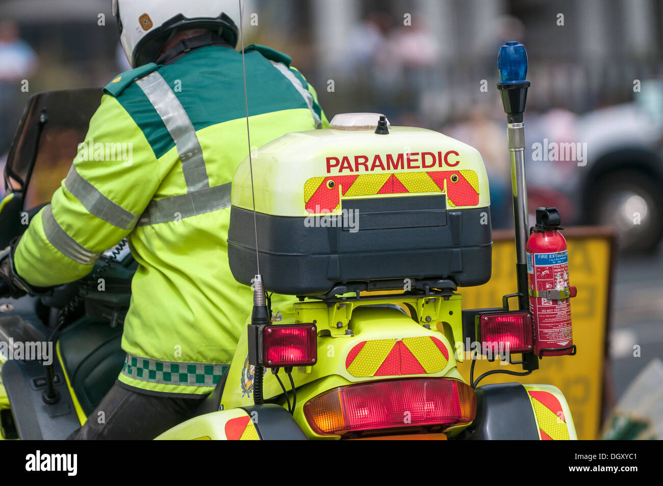 UK Paramedic close up on a motorbike ready to save lives. View from the ...