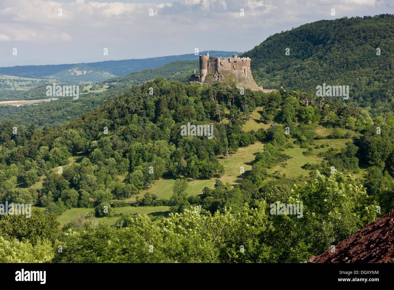 The medieval castle at Murol, The Auvergne, looking east over rolling ...