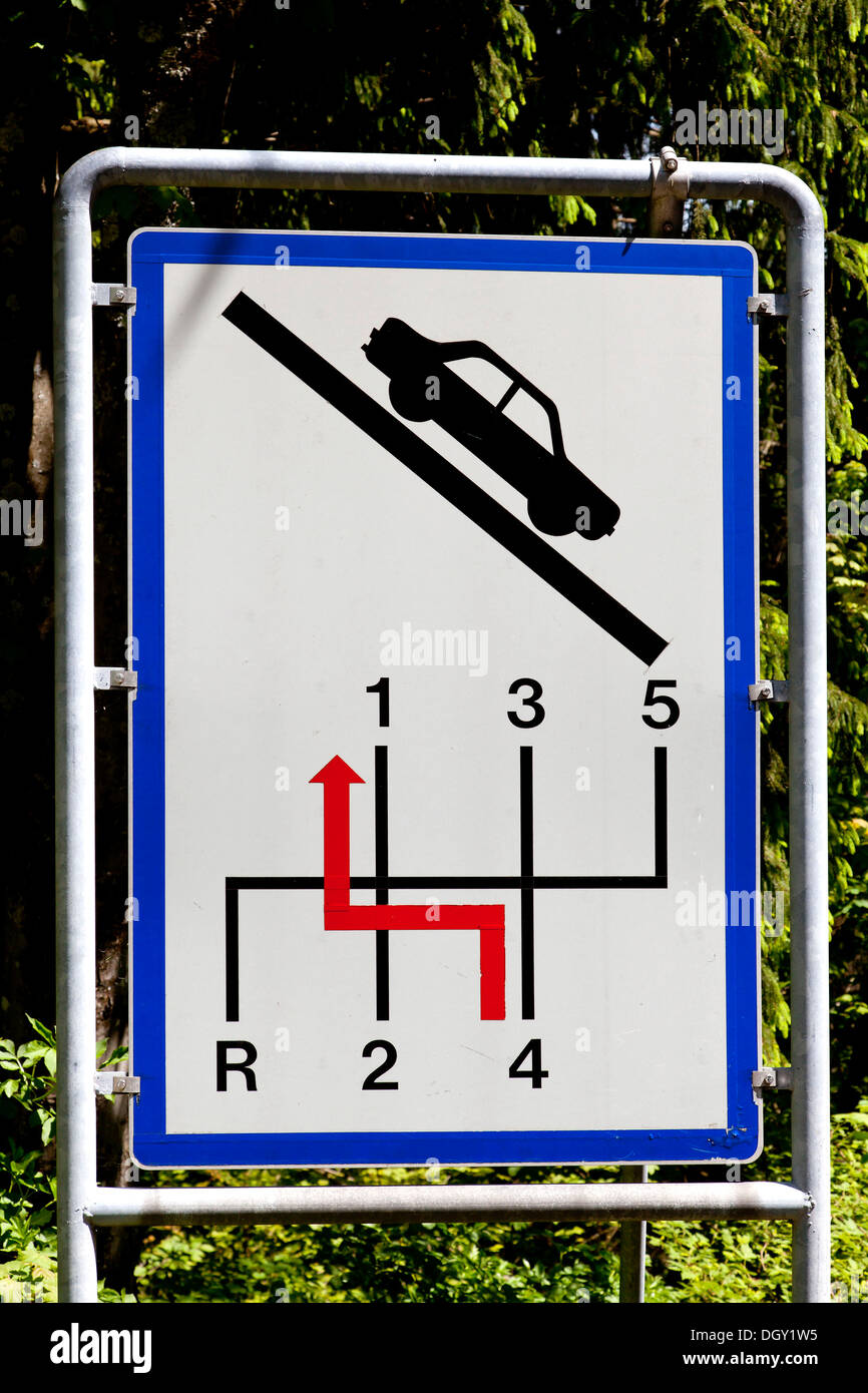 Sign for motorists to switch back a gear, drive slowly on steep slopes ...