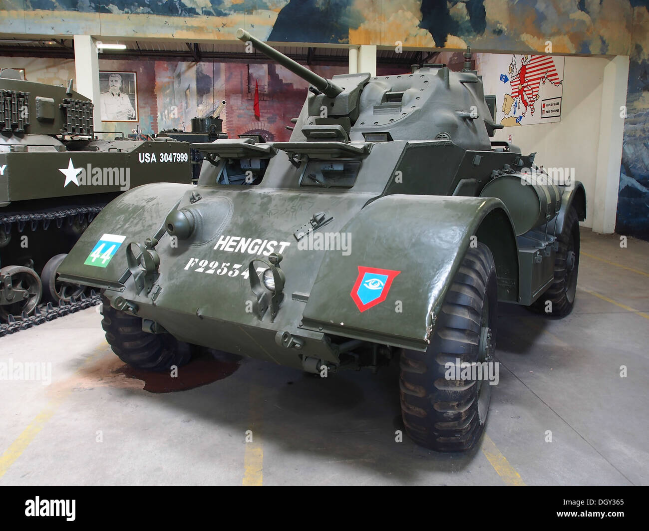 The T17 E1 Staghound, a wheeled armored vehicle, is displayed at the ...