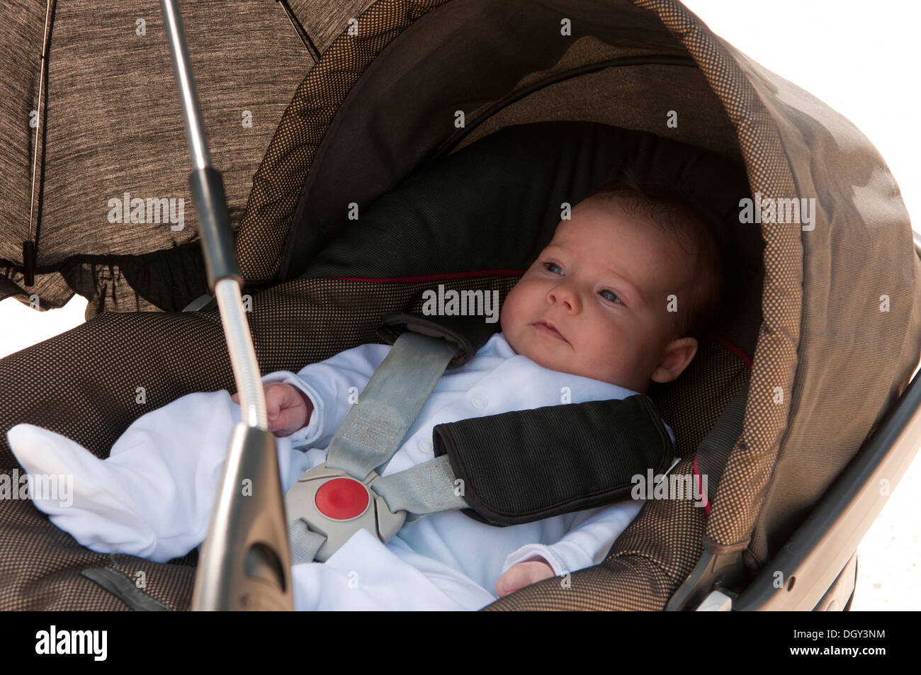 Little baby girl strapped in her pushchair Stock Photo - Alamy