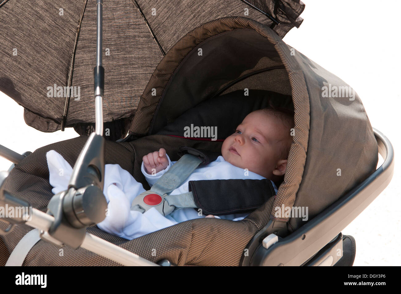 Little baby girl strapped in her pushchair Stock Photo - Alamy
