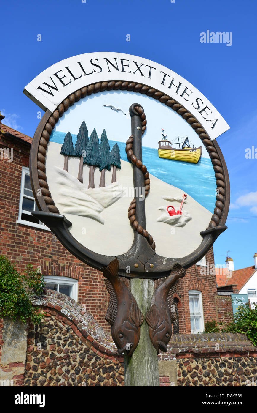 Town sign, Wells-next-the-Sea, Norfolk, England, United Kingdom Stock ...