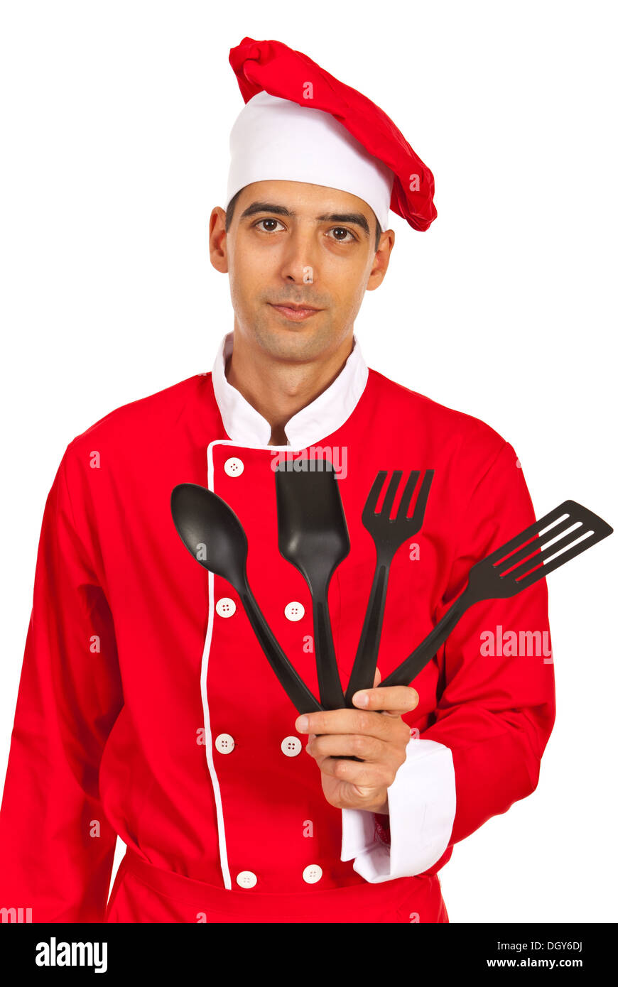 Chef showing black kitchen utensils isolated on white background Stock ...